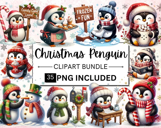 12 Winter Penguin Clipart PNG and JPG, Set 1, Christmas Penguin Clipart ...