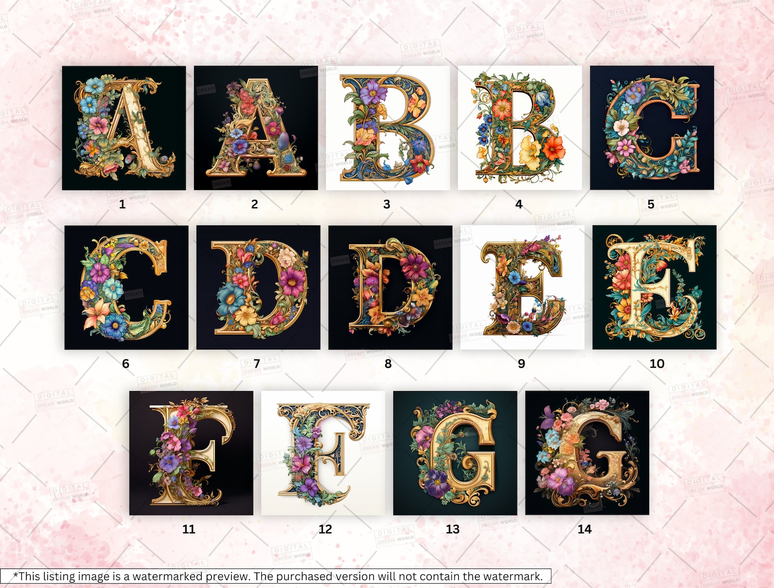 52 Art Nouveau Illuminated Initials Clipart Bundle Full English ...