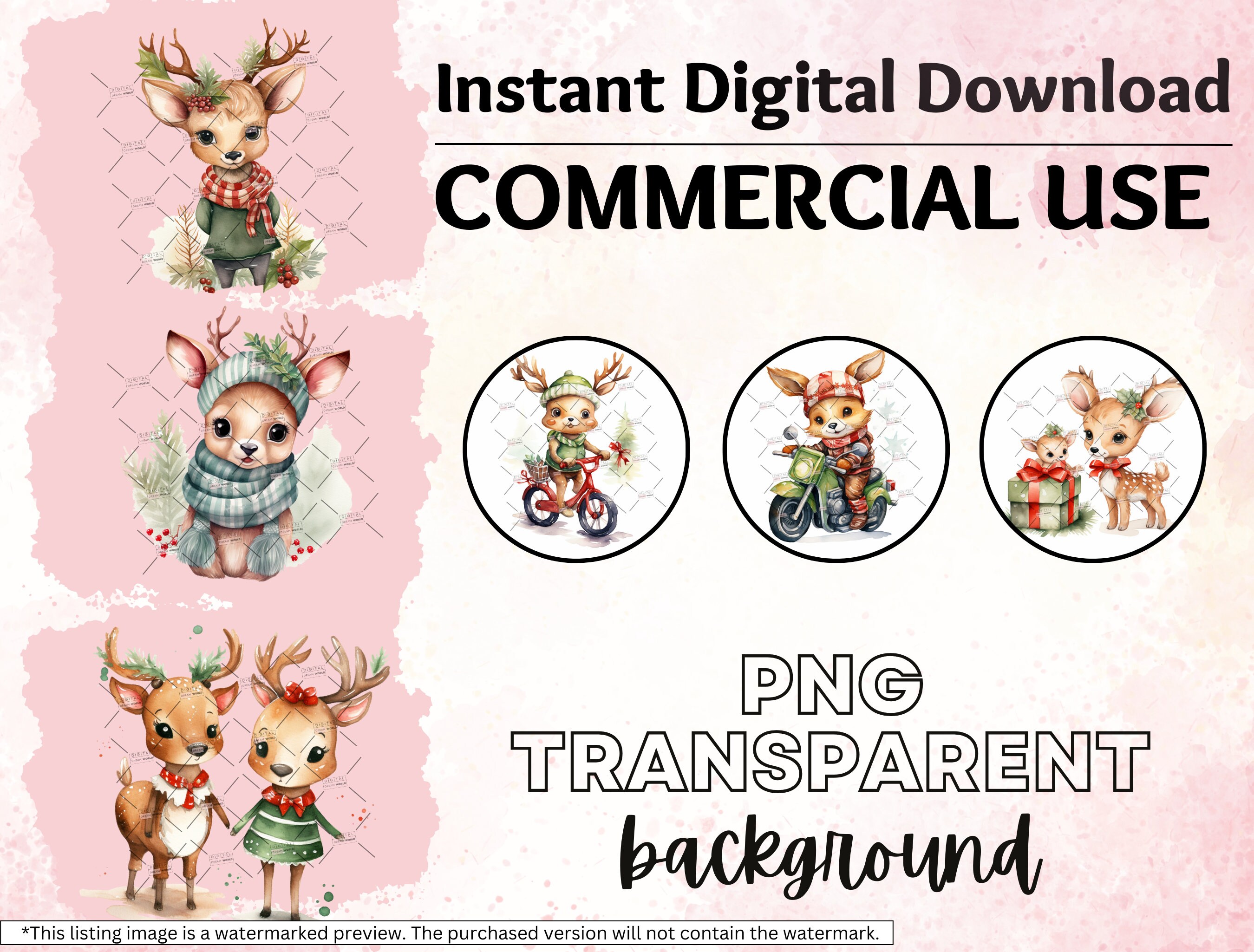 Watercolor Christmas Reindeer Clipart, Cute Woodland Animals (45 PNG ...