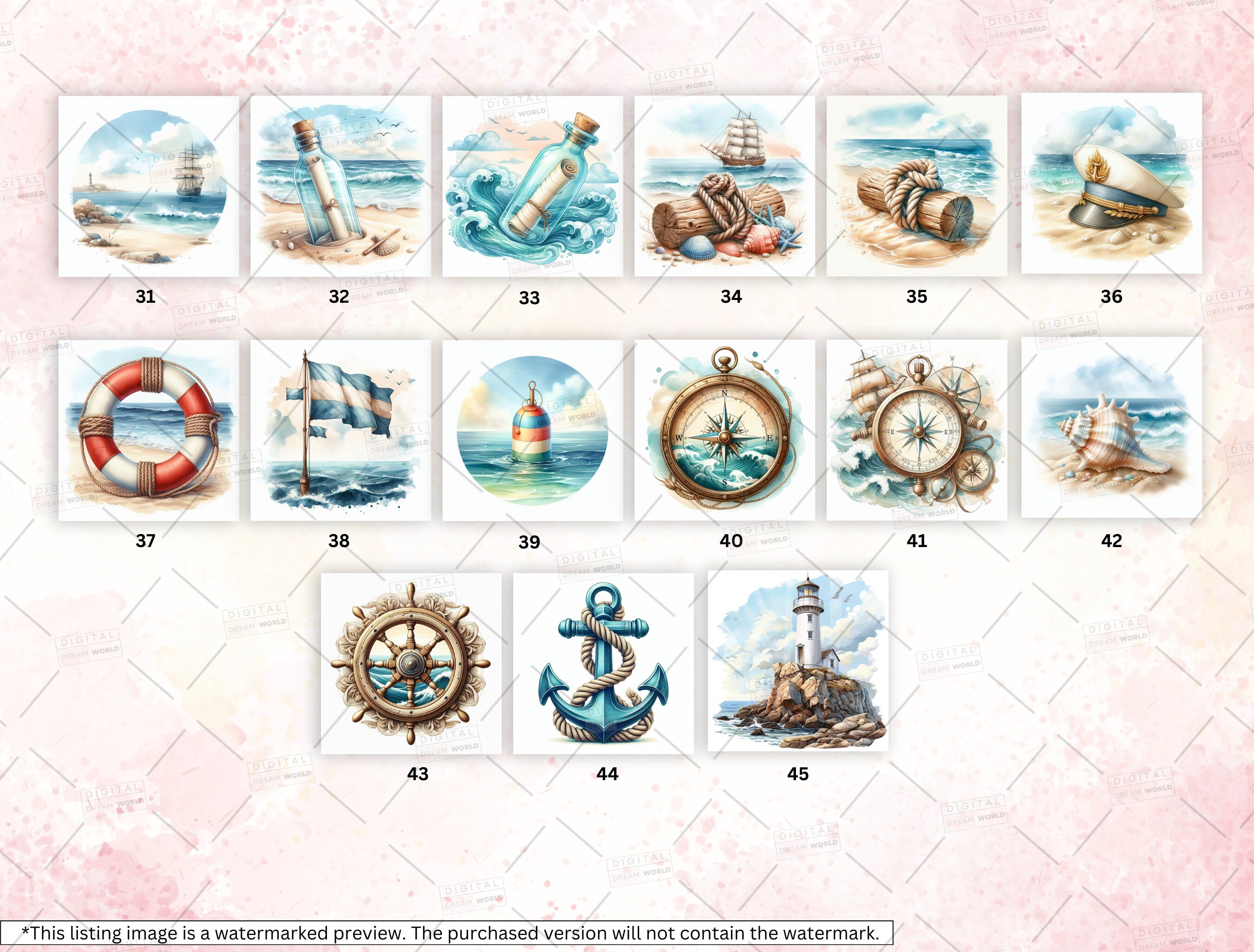 45 Watercolor Nautical Clipart Bundle, Beach Clipart Bundle, Travel PNG ...