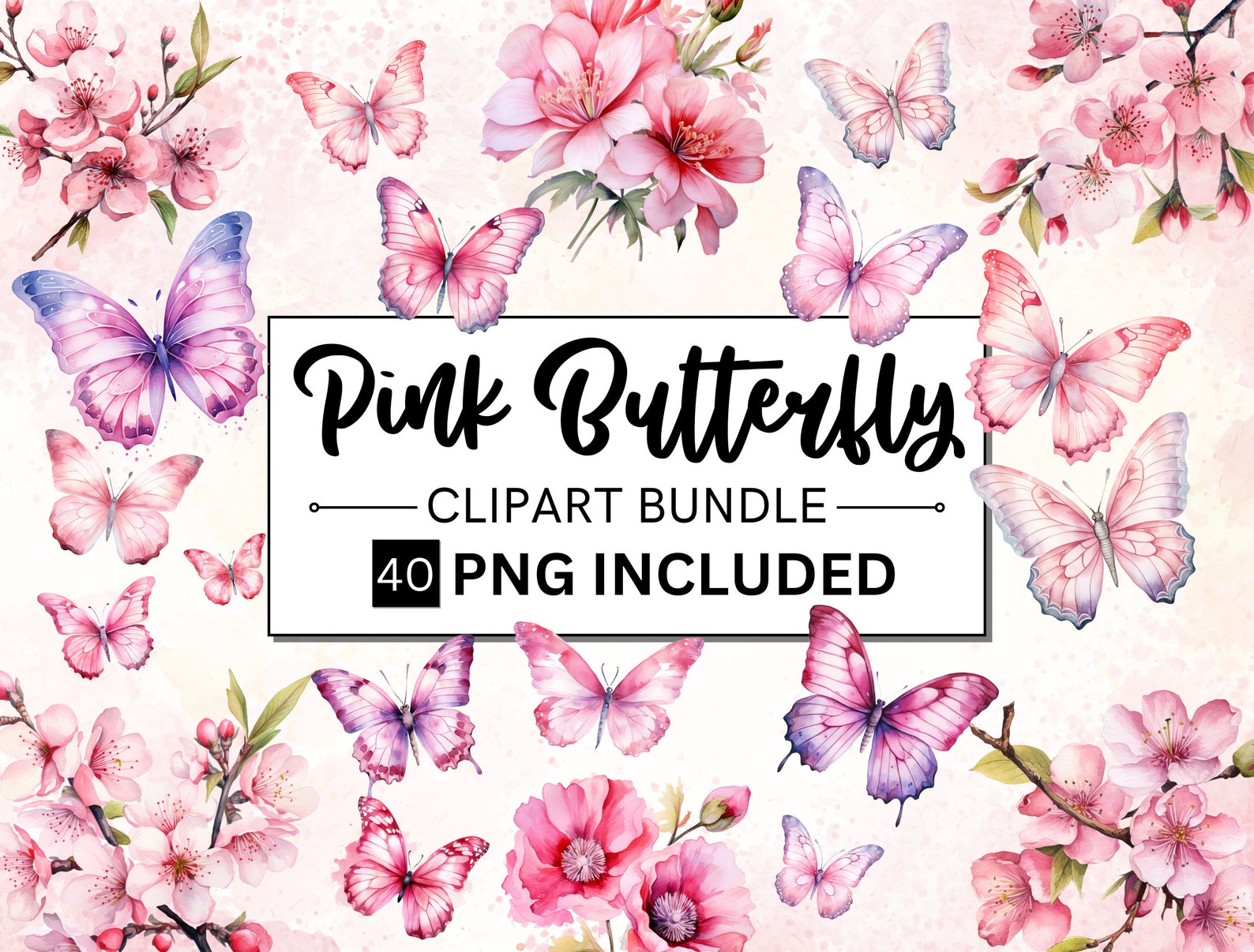 40 Pink Butterfly & Flowers Clipart, Pink Fairy Butterfly, Spring ...