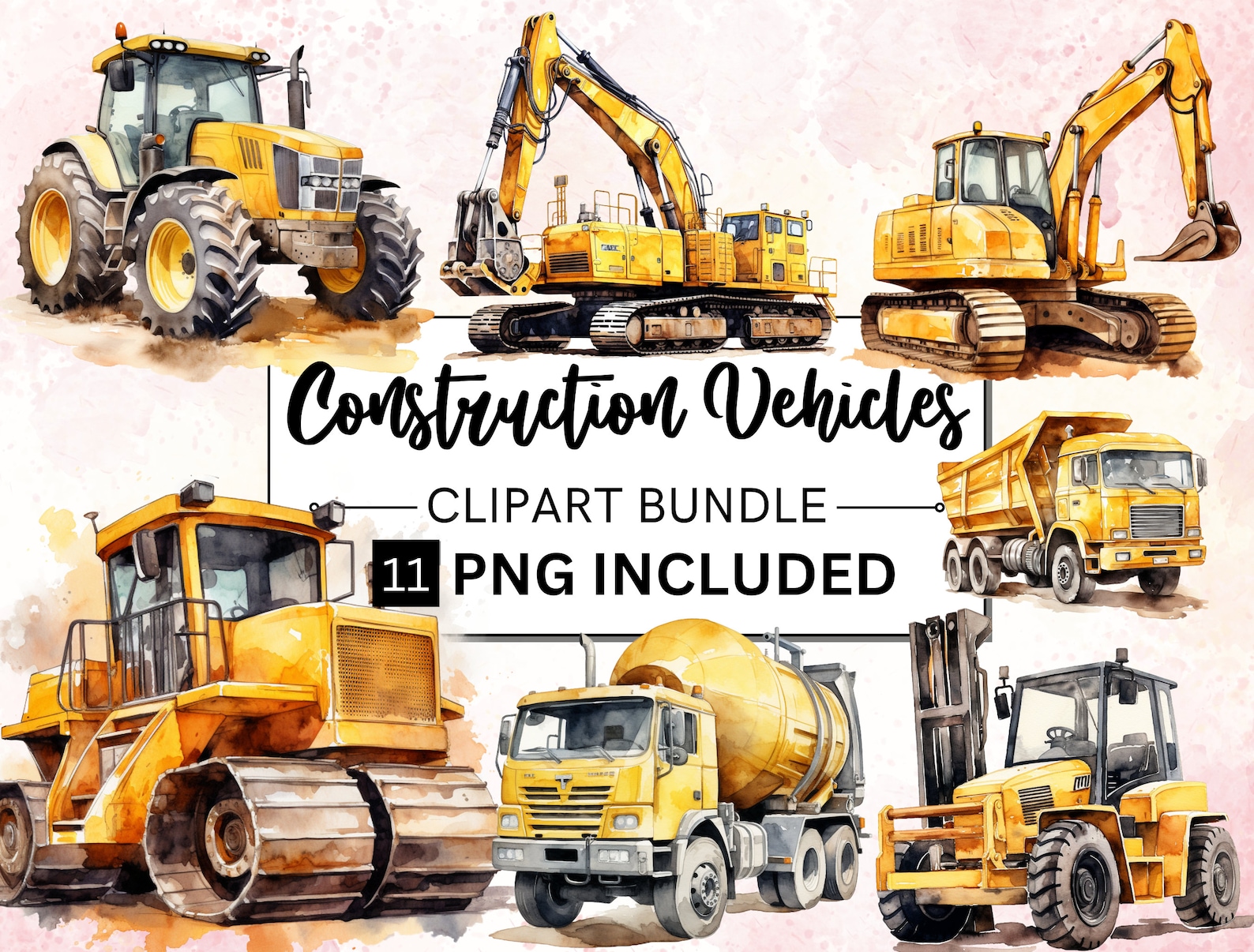 11 Watercolor Construction Vehicles Clipart, Bulldozer , Cement Truck ...