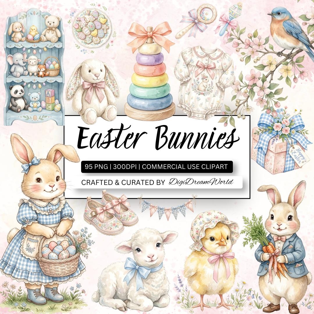 95 Easter Bunny Clipart Bundle, Pastel Easter PNG, Baby Bunny Clipart ...