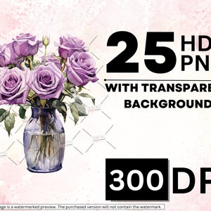 25 Purple Floral Clipart, Purple Rose Watercolor Flowers, Commercial ...