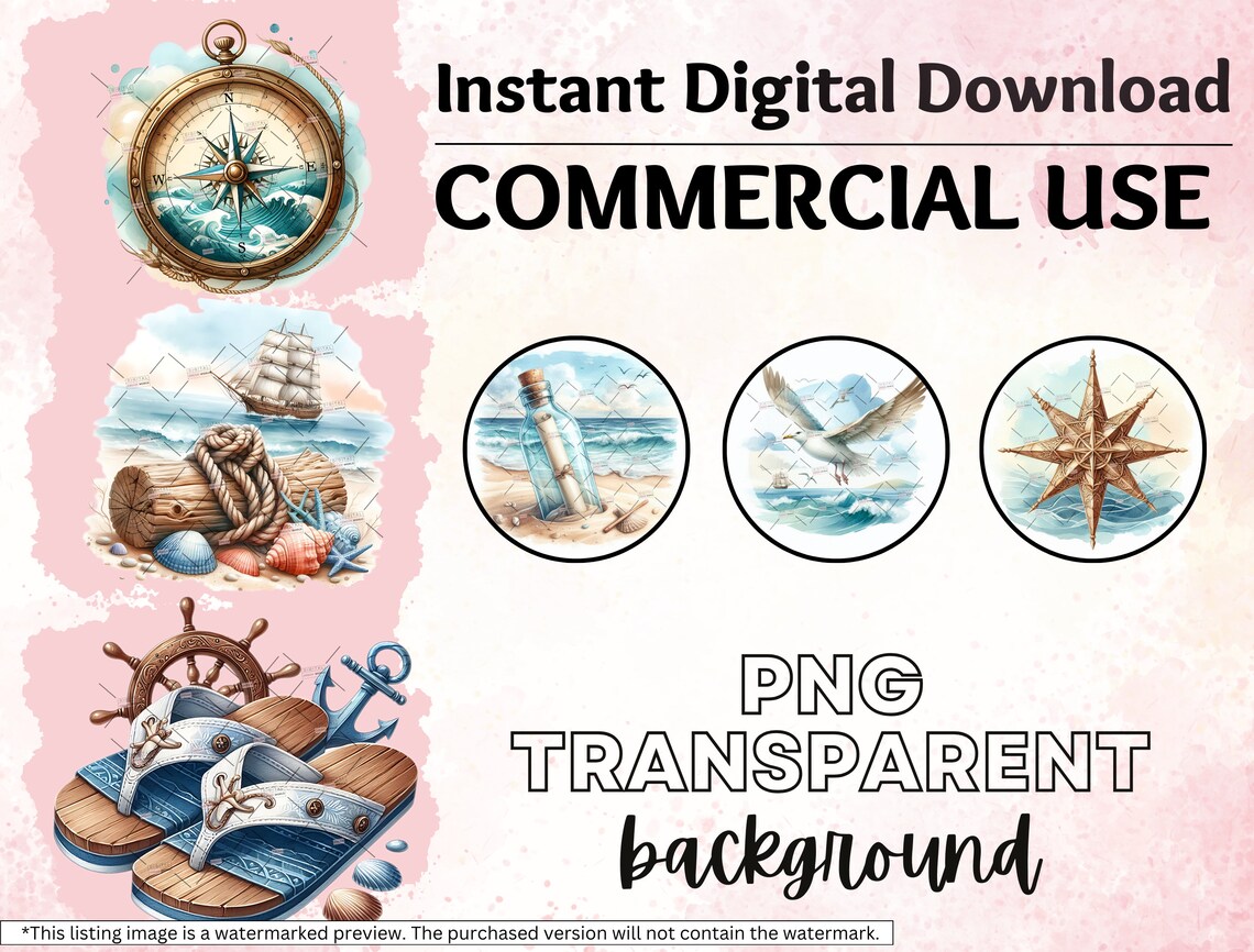 45 Watercolor Nautical Clipart Bundle, Beach Clipart Bundle, Travel PNG ...