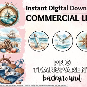 45 Watercolor Nautical Clipart Bundle, Beach Clipart Bundle, Travel PNG ...