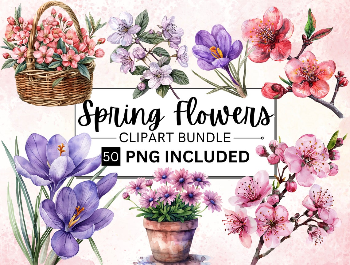 50 Watercolor Spring Flower Garden Clipart, Spring Meadow PNG Bundle ...