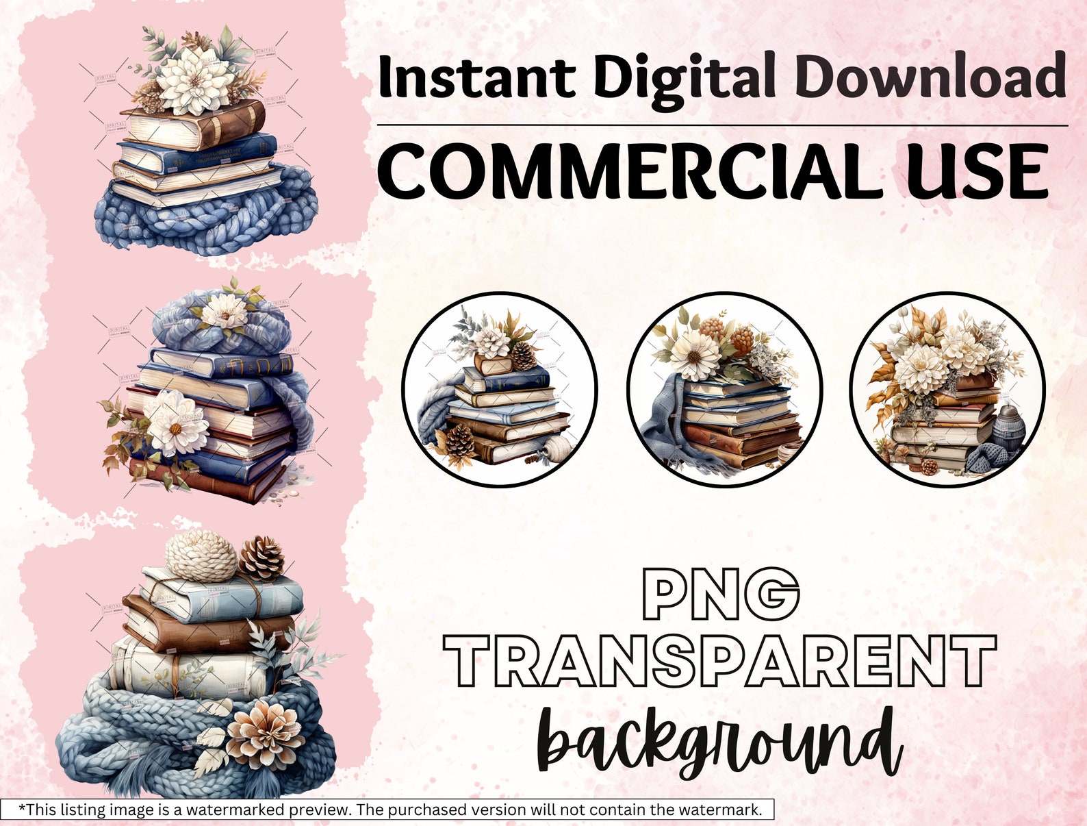Winter Book Stack Watercolor Clipart Bundle (30 PNG) - Etsy