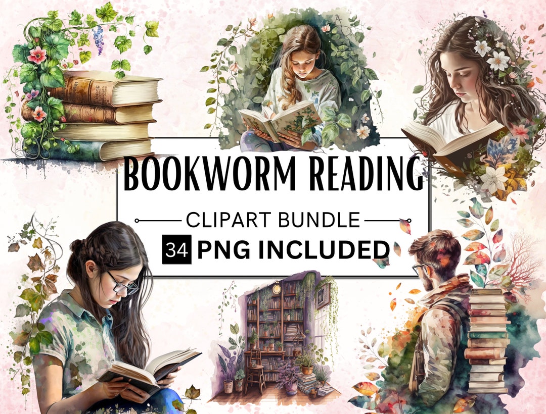 Watercolor Bookworm Clipart Bundle, Vintage Books, Library Art (34 PNG ...