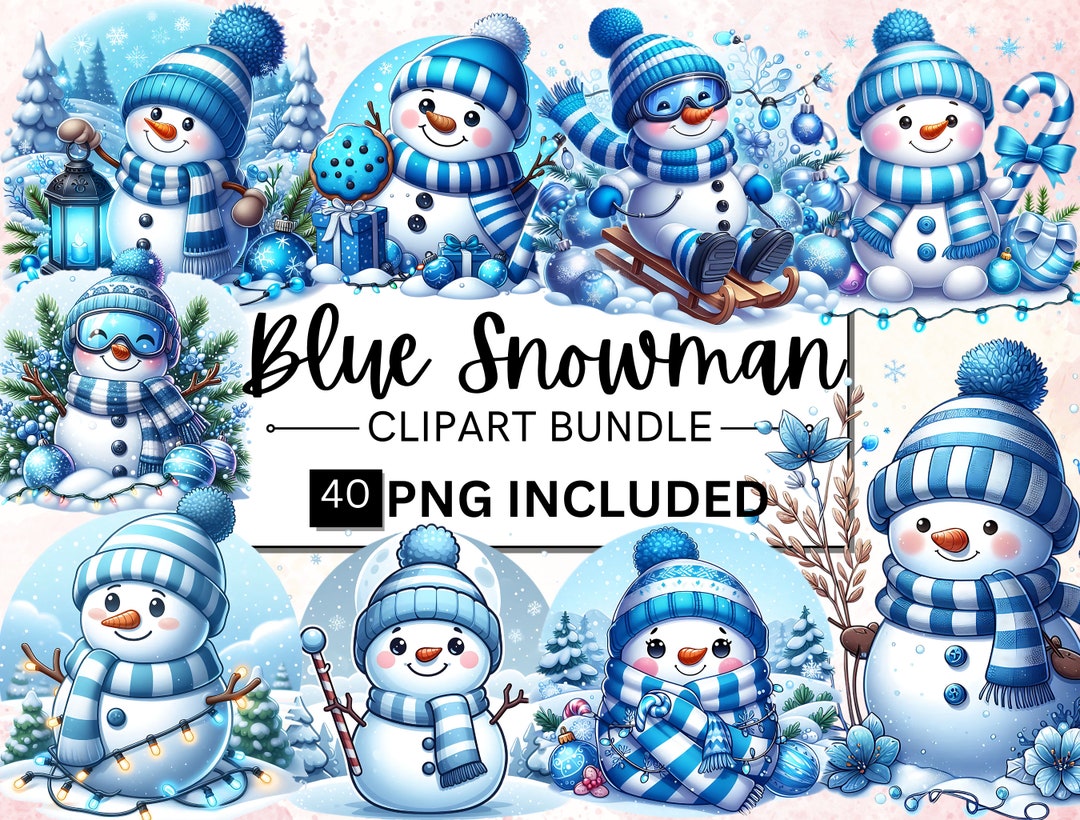 40 Watercolor Blue Snowman Clipart Bundle, Winter Holiday Festive ...