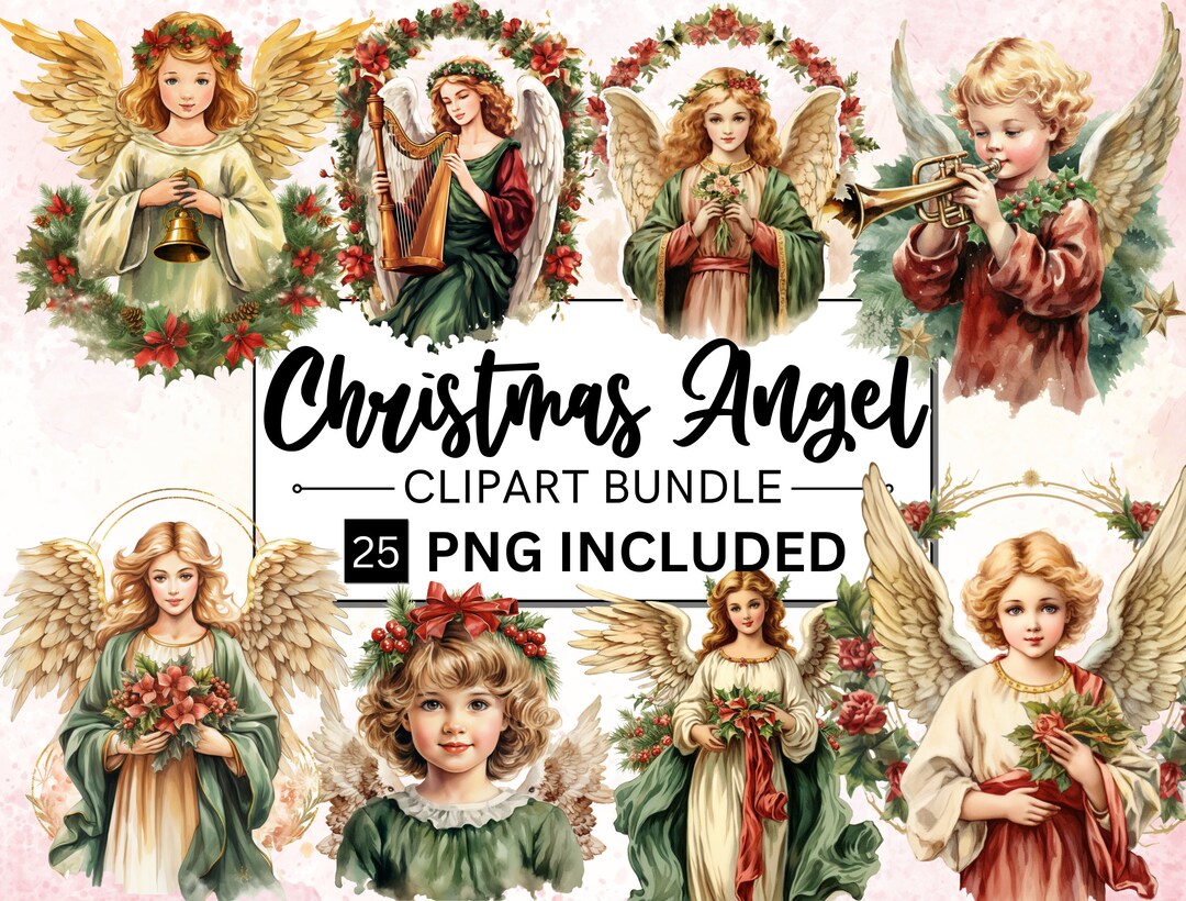 Watercolor Christmas Angel Clipart Bundle, Vintage PNG Graphics ...