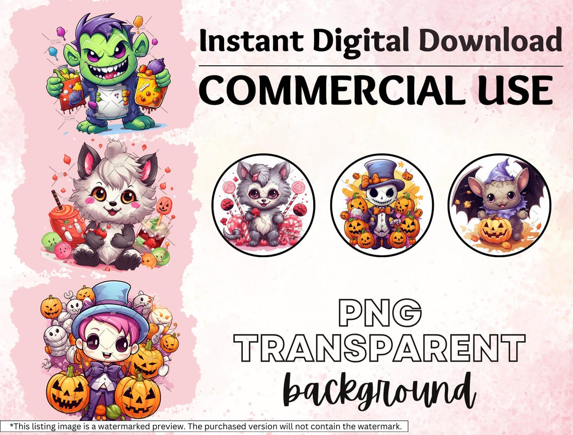 30 Watercolor Kawaii Halloween Clipart, Cute Halloween Graphics, Kids ...