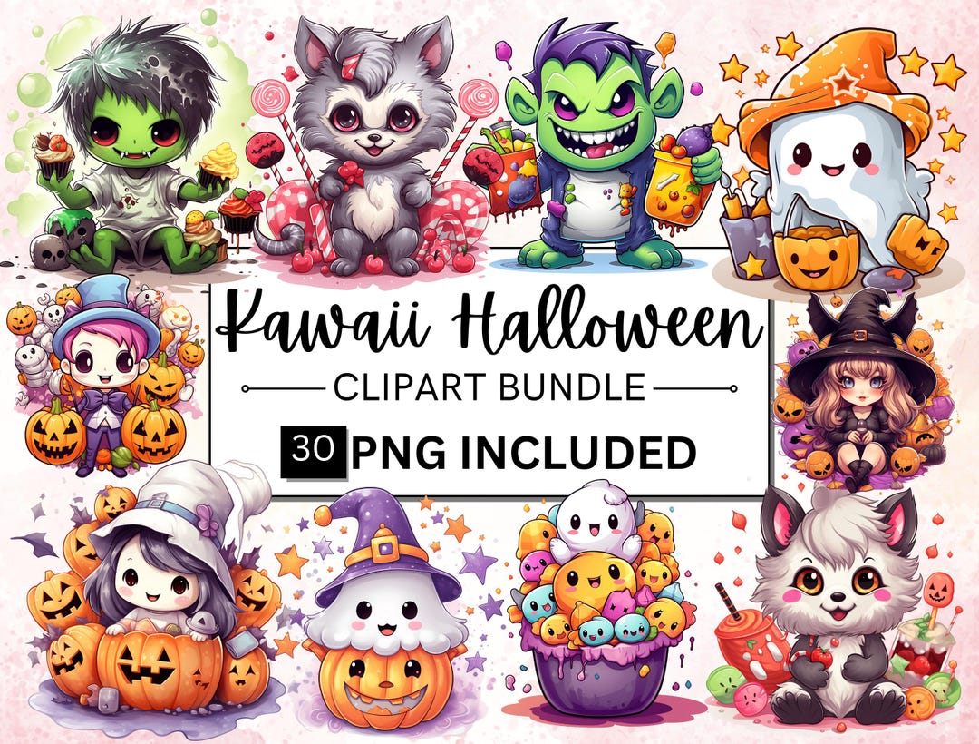 30 Watercolor Kawaii Halloween Clipart, Cute Halloween Graphics, Kids ...