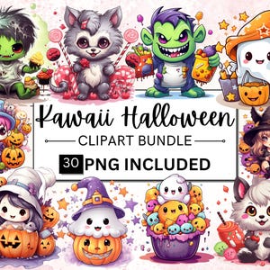 30 Watercolor Kawaii Halloween Clipart, Cute Halloween Graphics, Kids ...