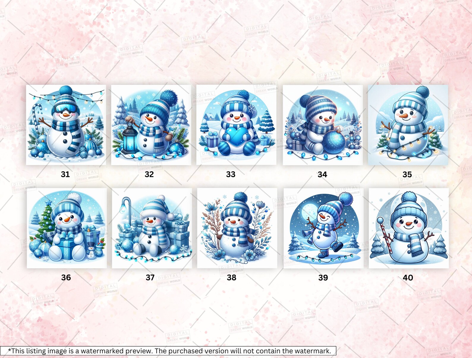 40 Watercolor Blue Snowman Clipart Bundle, Winter Holiday Festive ...