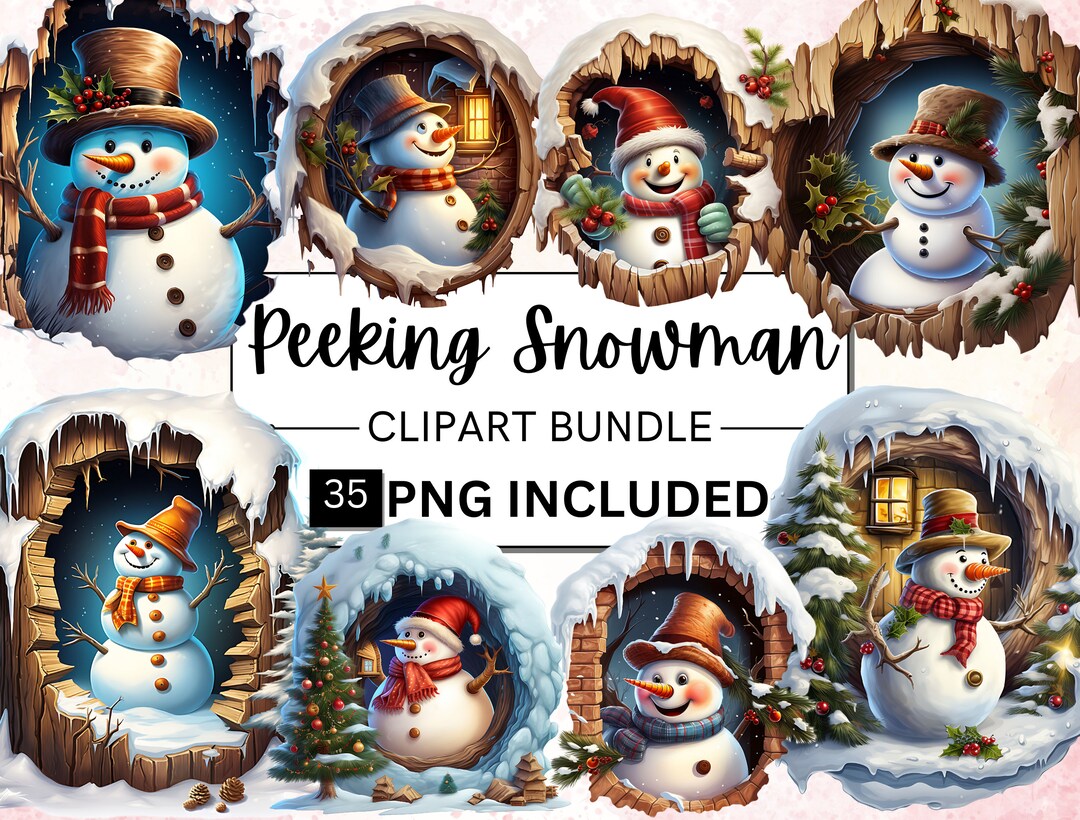 35 Watercolor Cute Peeking Christmas Snowman Clipart PNG Bundle, Winter ...