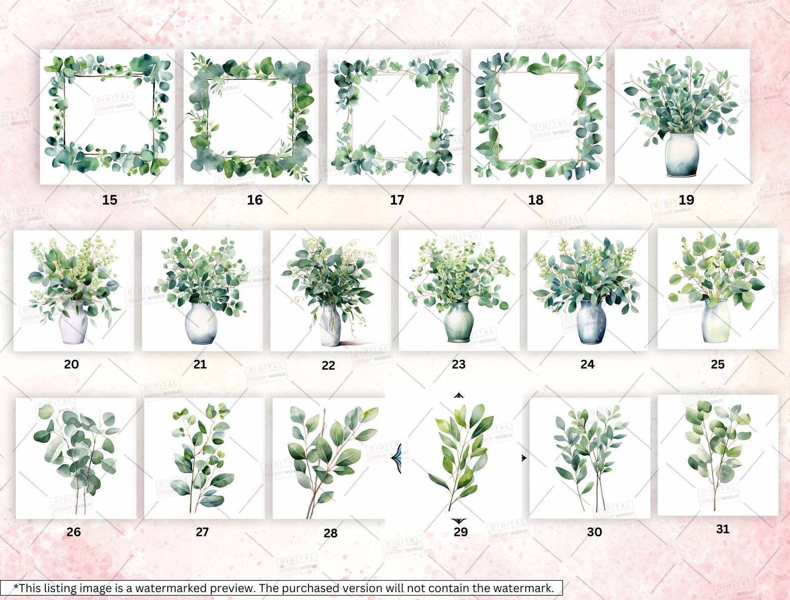 50 Watercolor Eucalyptus Leaves Clipart, Eucalyptus Watercolor Border ...