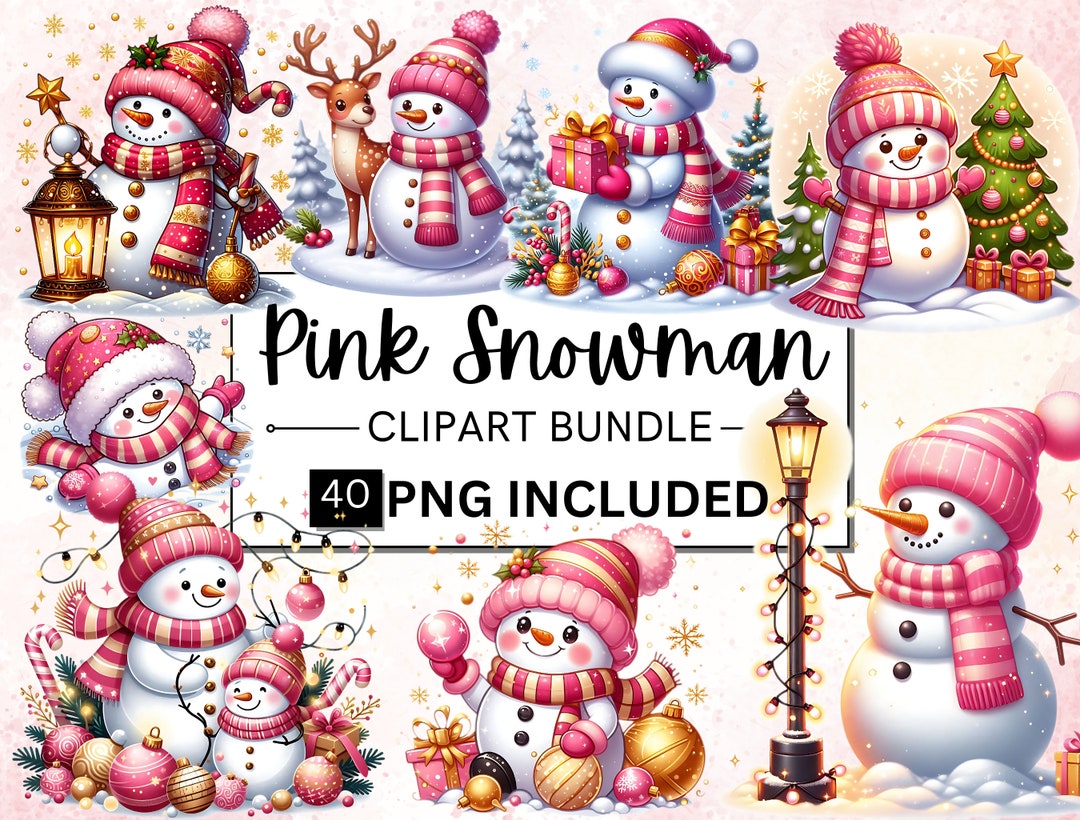 40 Watercolor Pink Snowman Clipart Bundle, Pink Snowman PNG, Winter ...
