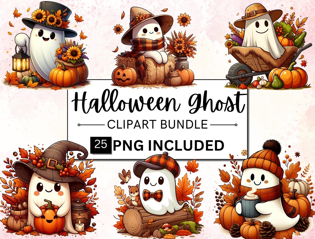 25 Watercolor Cute Ghost Clipart, Halloween Clipart PNG Bundle, Cute ...