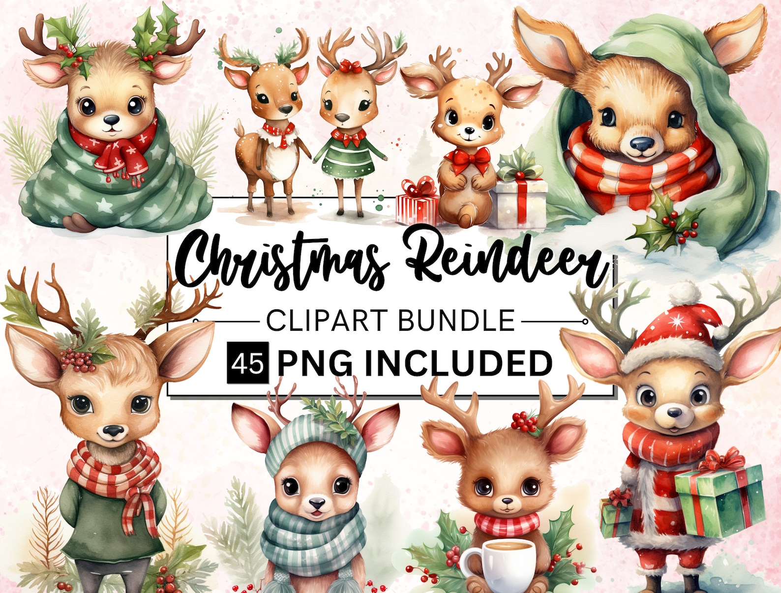 Watercolor Christmas Reindeer Clipart, Cute Woodland Animals (45 PNG ...