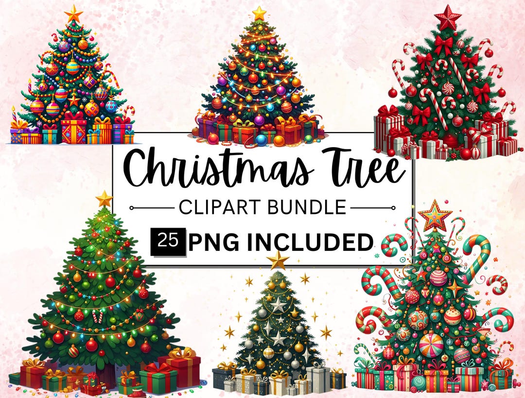 25 Watercolor Christmas Tree Clipart Bundle, Decorated Christmas Tree ...