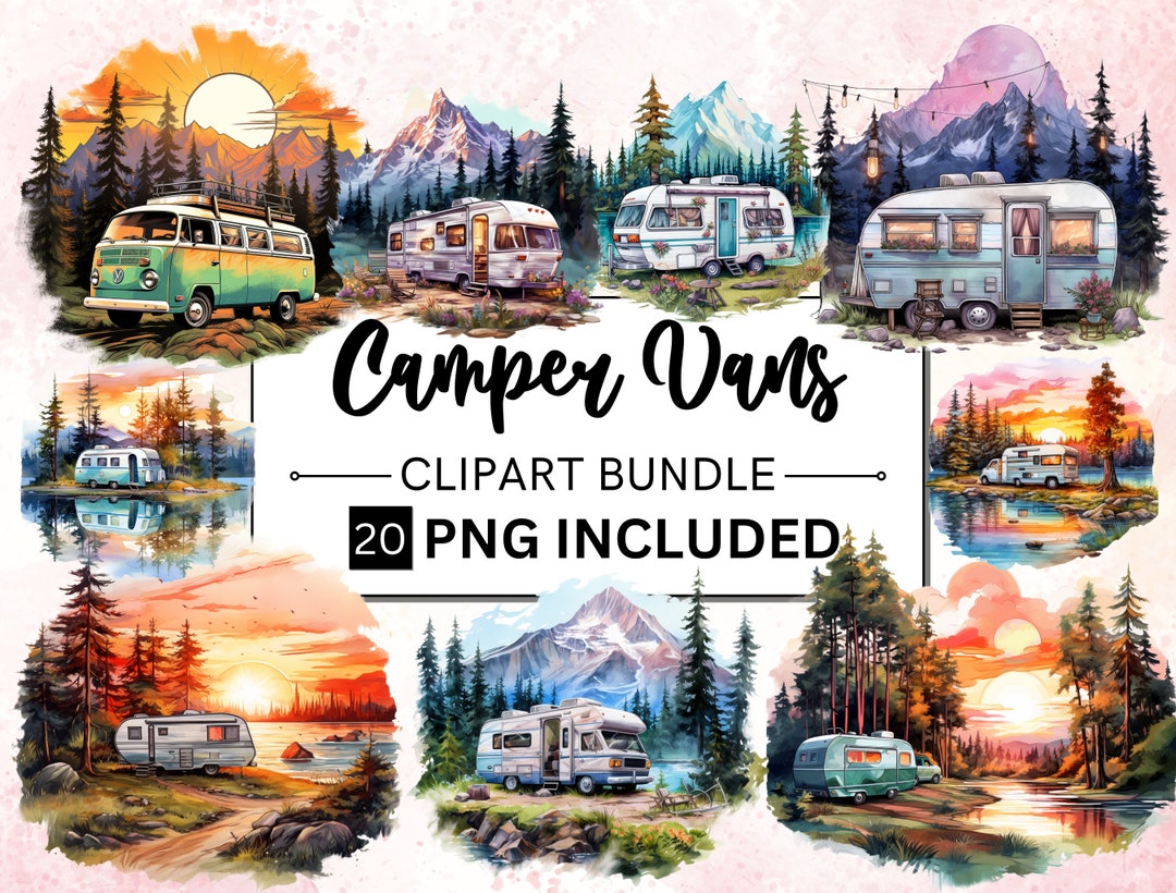 20 Watercolor Camper Vans Clipart, Adventure Van Clipart, Magical ...