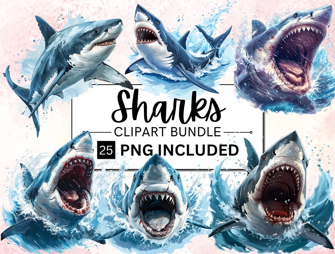 25 Watercolor Shark Clipart Bundle, Sea Creatures PNG, Underwater Art ...