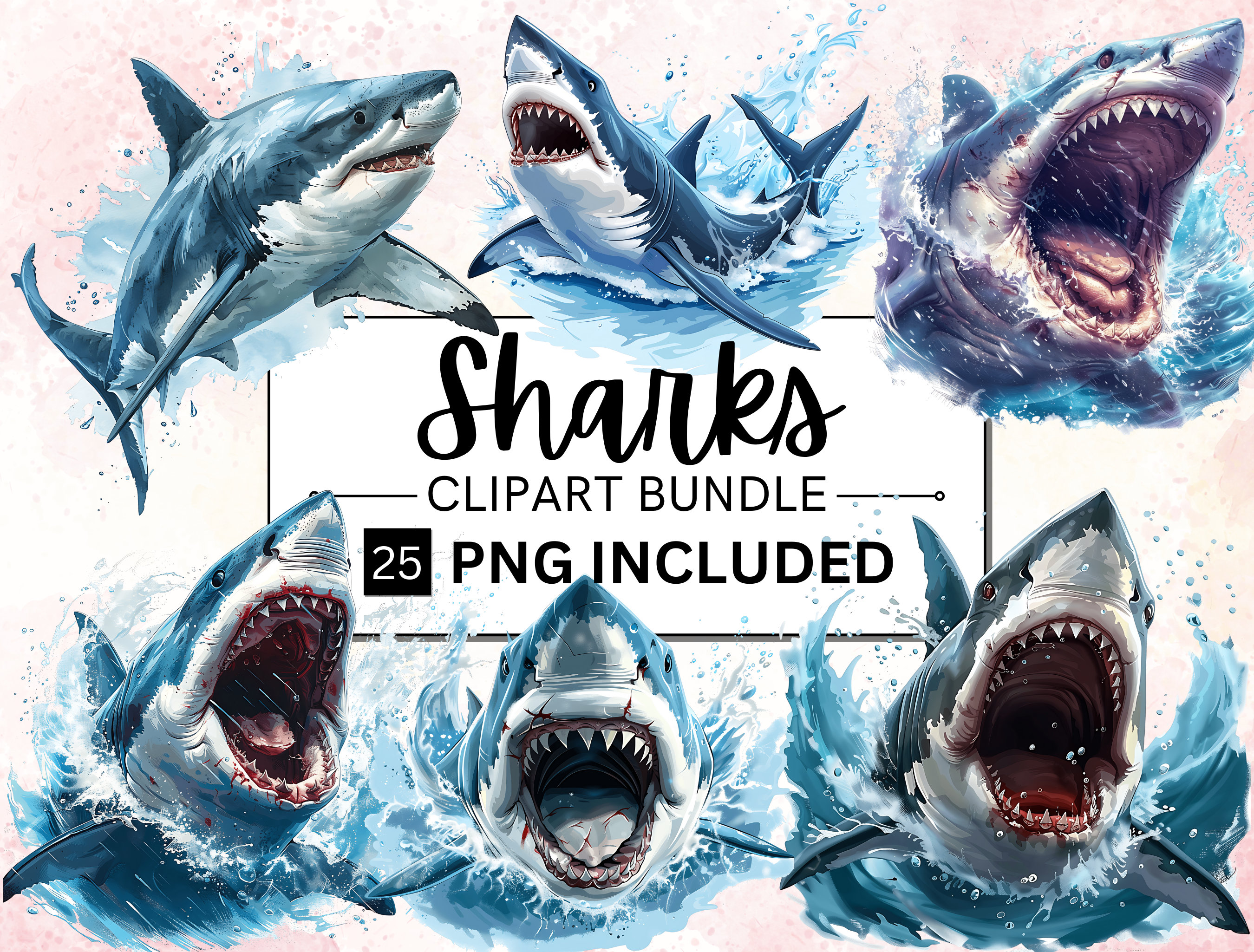 25 Watercolor Shark Clipart Bundle, Sea Creatures PNG, Underwater Art ...