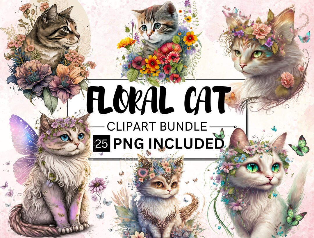 25 Watercolour Fantasy Kitten Clipart, Floral Cat Clipart, Fantasy Cat ...