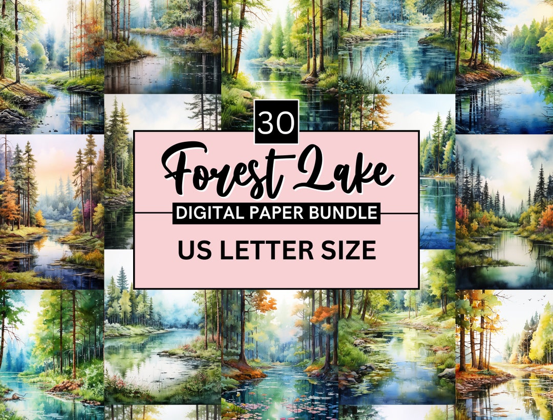 30 Watercolor Printable Forest Lake Digital Paper, Forest Lake ...