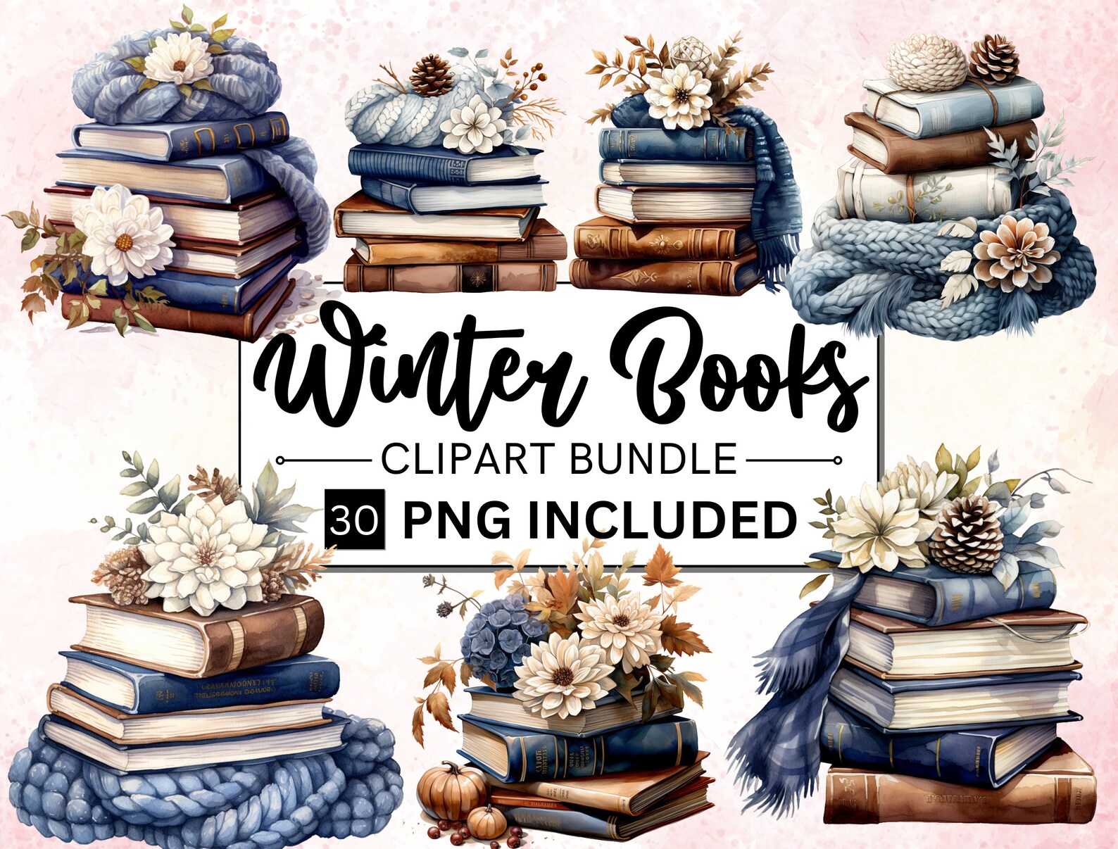 Winter Book Stack Watercolor Clipart Bundle (30 PNG) - Etsy