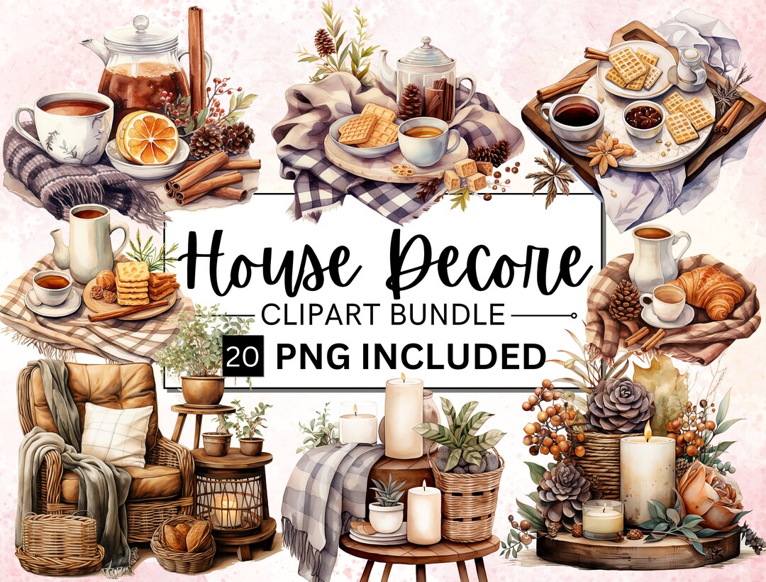 20 Watercolor Neutral Home Decor Clipart, Cozy Home Decor PNG Bundle ...