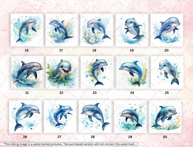 Watercolor Dolphin Clipart Bundle, 40 PNG Ocean Animals (digital Prints ...