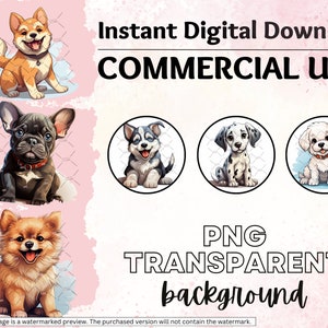 31 Watercolor Puppies Clipart PNG Bundle, Cartoon Style Painted Puppy ...