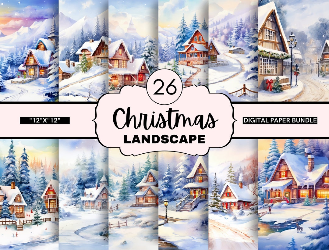 26 Watercolor Christmas Landscape Digital Paper, Christmas Scene ...