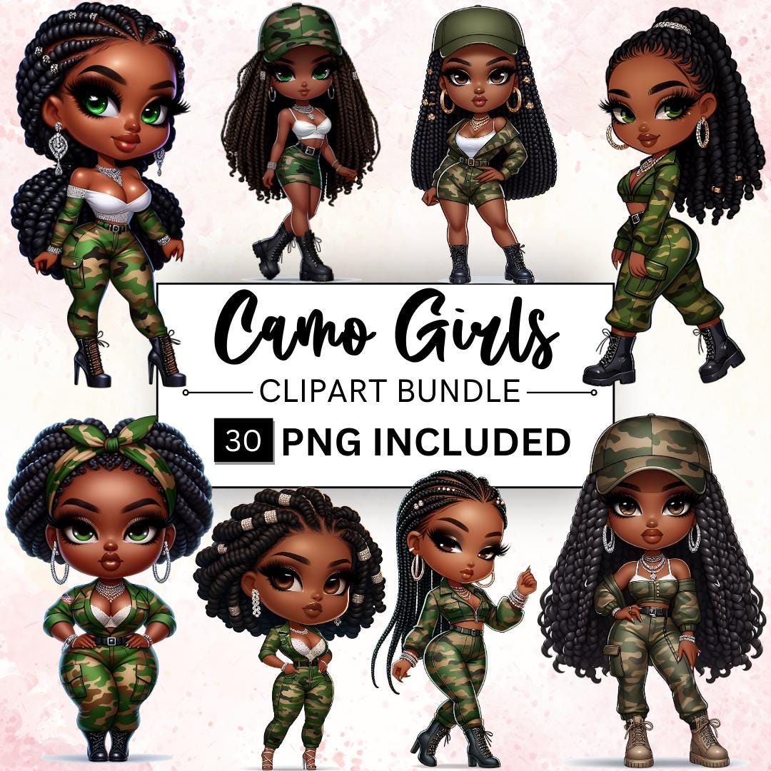 30 Camo Girls Clipart Bundle, Camouflage Girls Graphic, Fashion Outfits ...