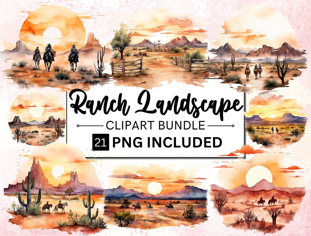 21 Watercolor Ranch Landscapes Clipart, Western Landscape Scenes, Texas ...