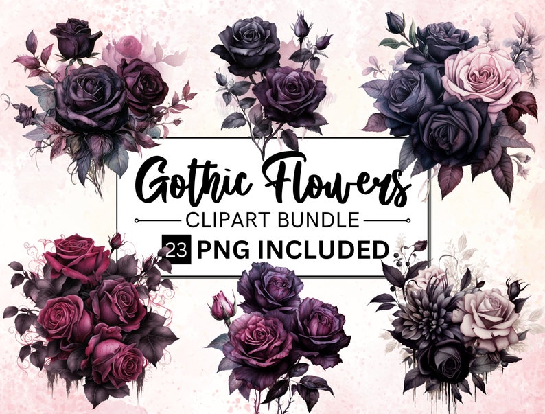 23 Watercolor Gothic Rose Clipart Bundle, Dark Floral PNG, Black Purple ...