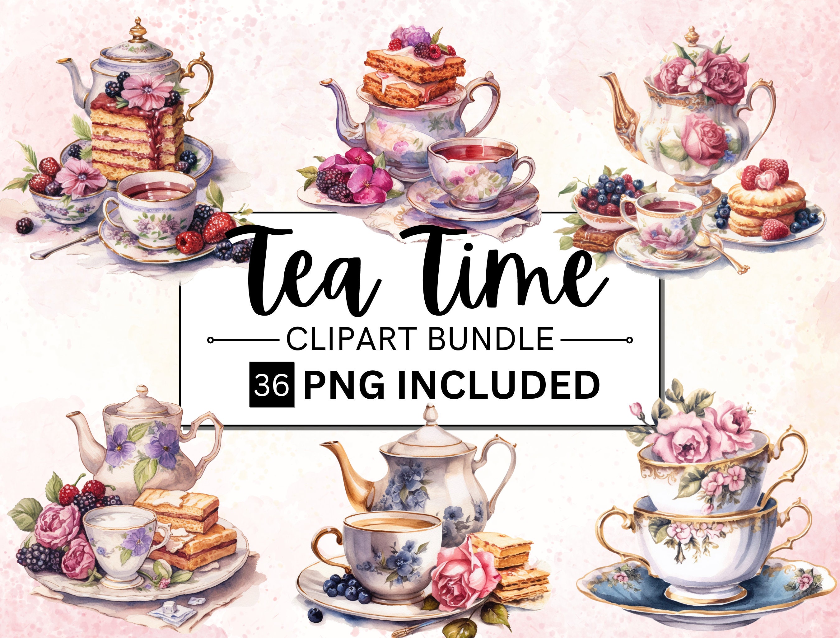 Vintage Teacup Clipart, Watercolor Tea Party, Scrapbook Graphics ...
