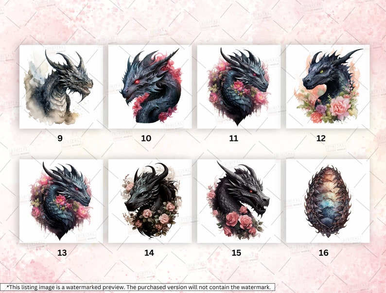 24 PNG Watercolour Gothic Dragons Clipart Dark Fantasy Black - Etsy