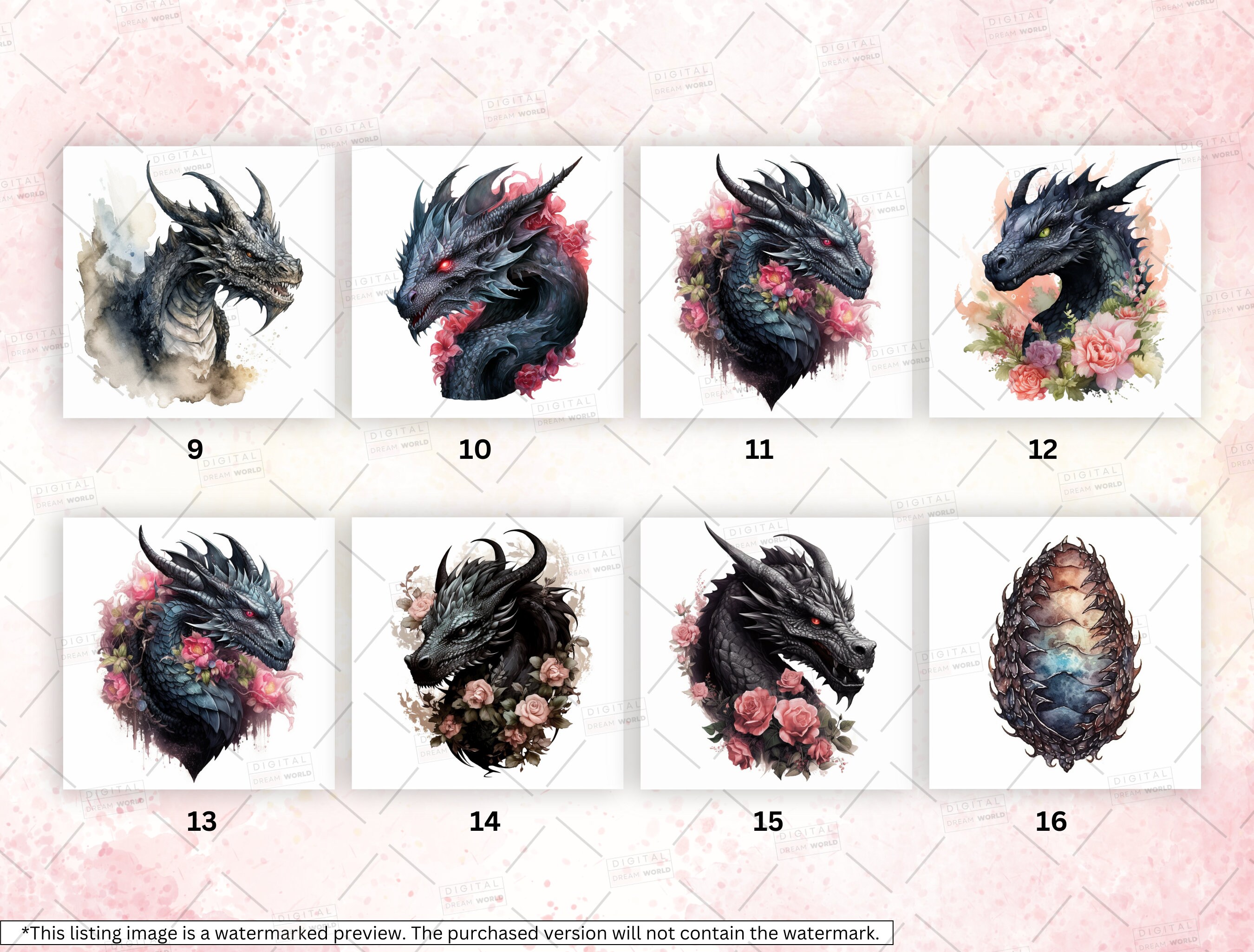24 PNG Watercolour Gothic Dragons Clipart Dark Fantasy Black - Etsy