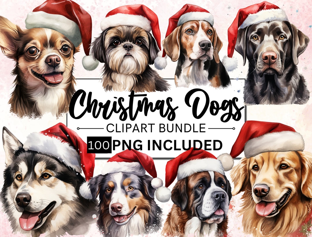 100 Watercolor Christmas Dogs Clipart Bundle, Santa Hat, Watercolor ...
