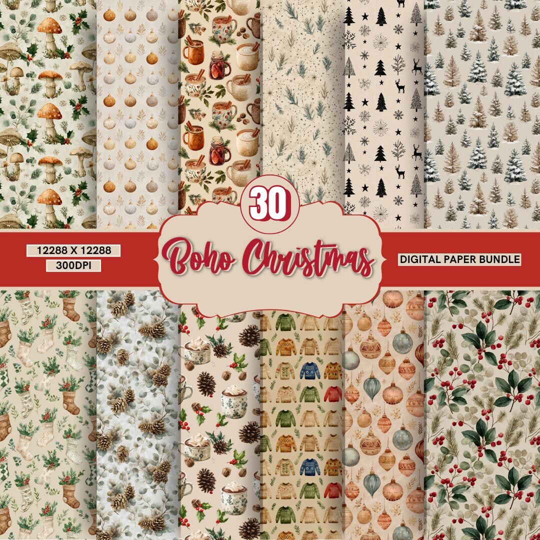 30 Boho Christmas Seamless Digital Paper, Seamless Holiday Backgrounds ...