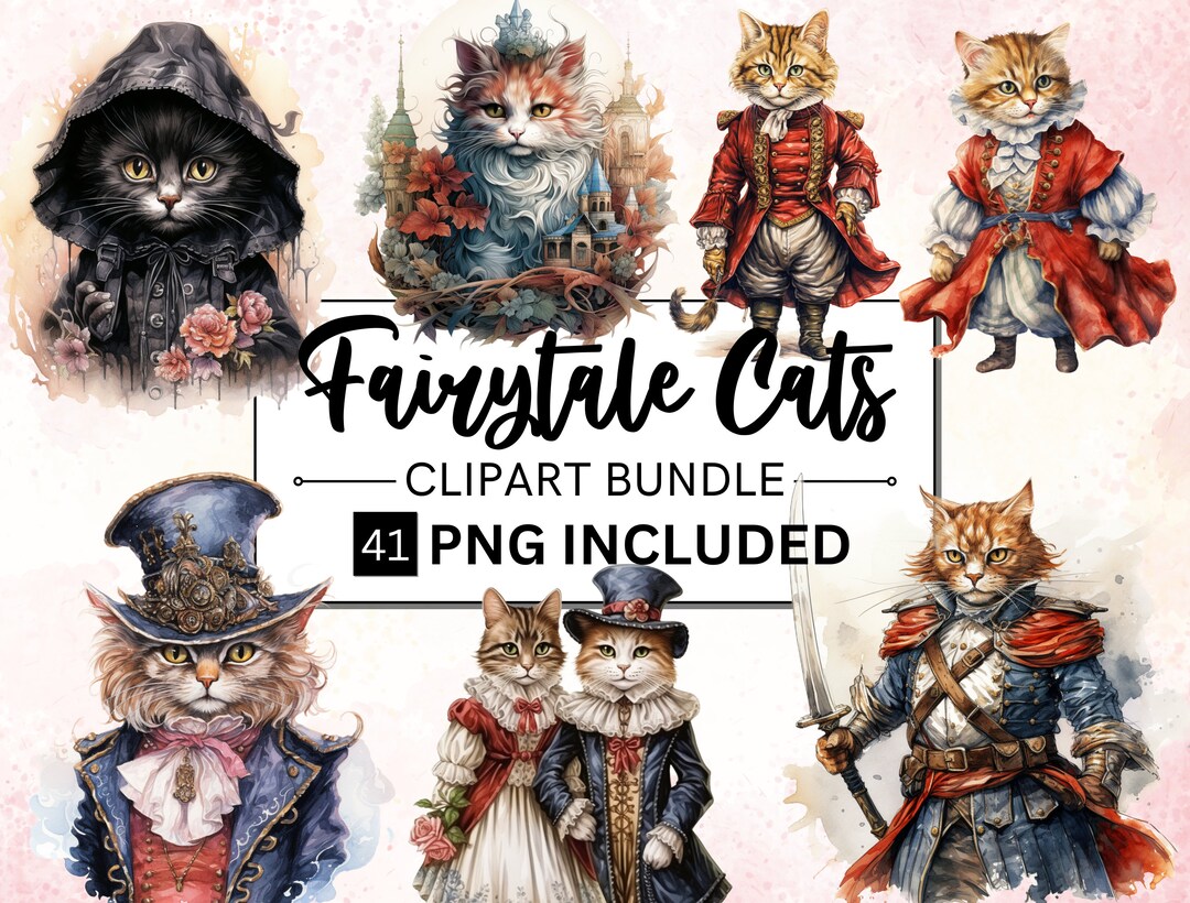 41 PNG Watercolor Fairytale Cats Clipart Bundle, Vintage Fairytale ...