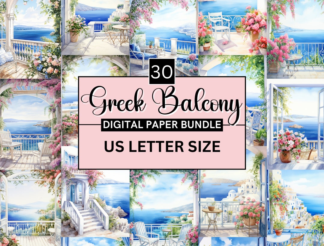 30 Watercolor Greece Balcony Digital Paper, Greece Vacation ...