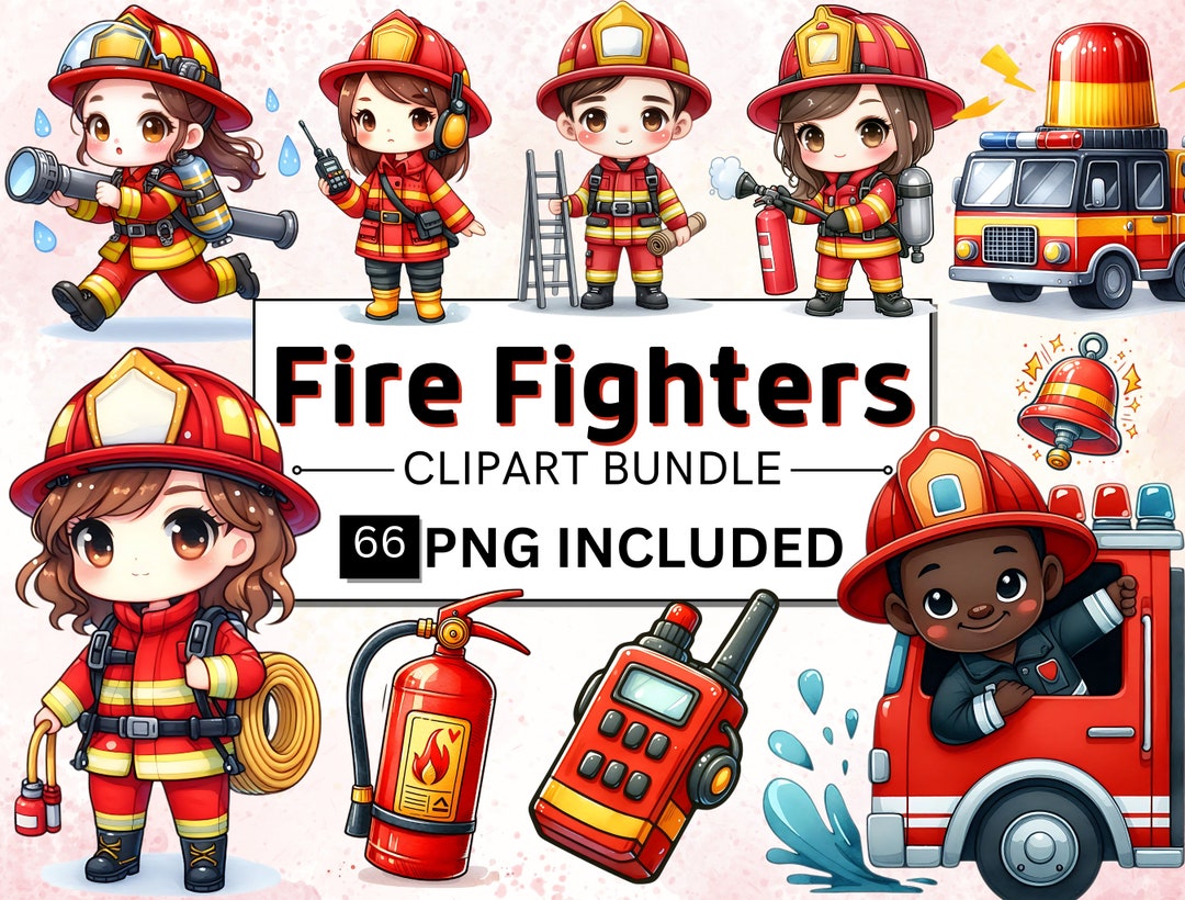 66 Cute Watercolor Firefighters Clipart Bundle, Firemen, Fire Truck ...