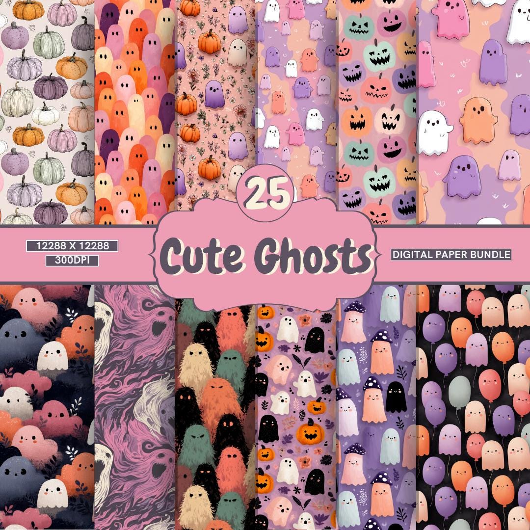 25 Cute Halloween Digital Papers, Spooky GHOSTS Seamless Pattern, Cute ...