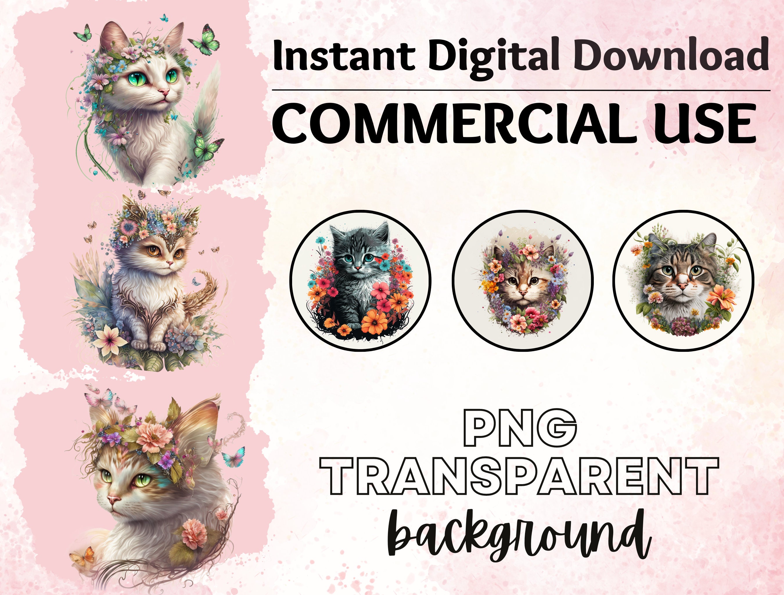 25 Watercolour Fantasy Kitten Clipart, Floral Cat Clipart, Fantasy Cat ...