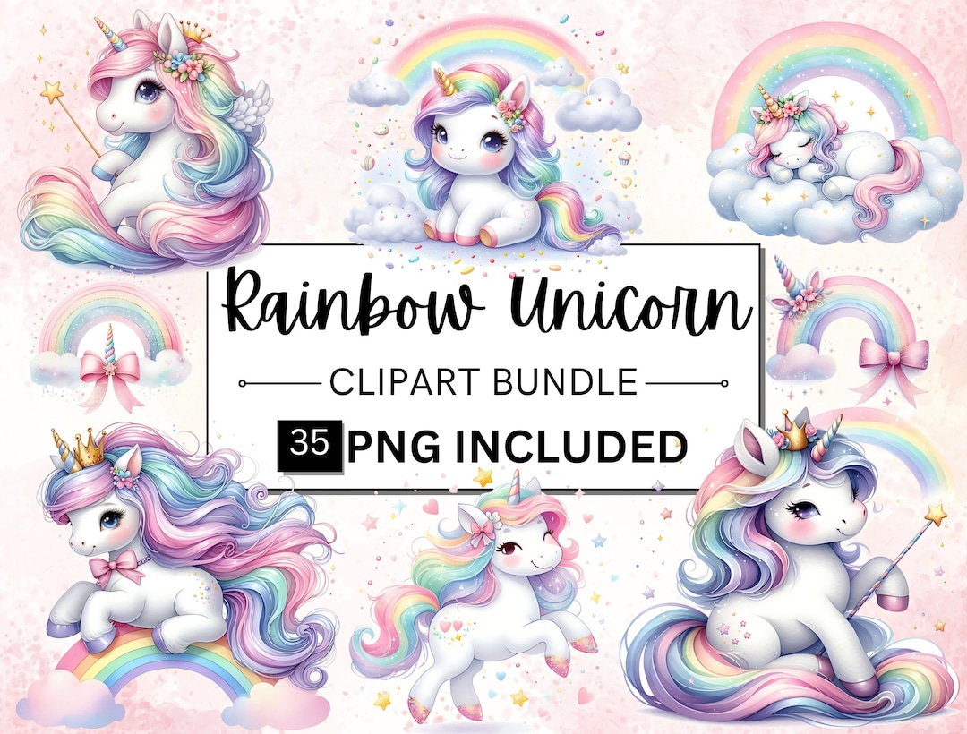 35 Watercolor Rainbow Unicorn Clipart, Magic Baby Unicorn PNG, Unicorn ...