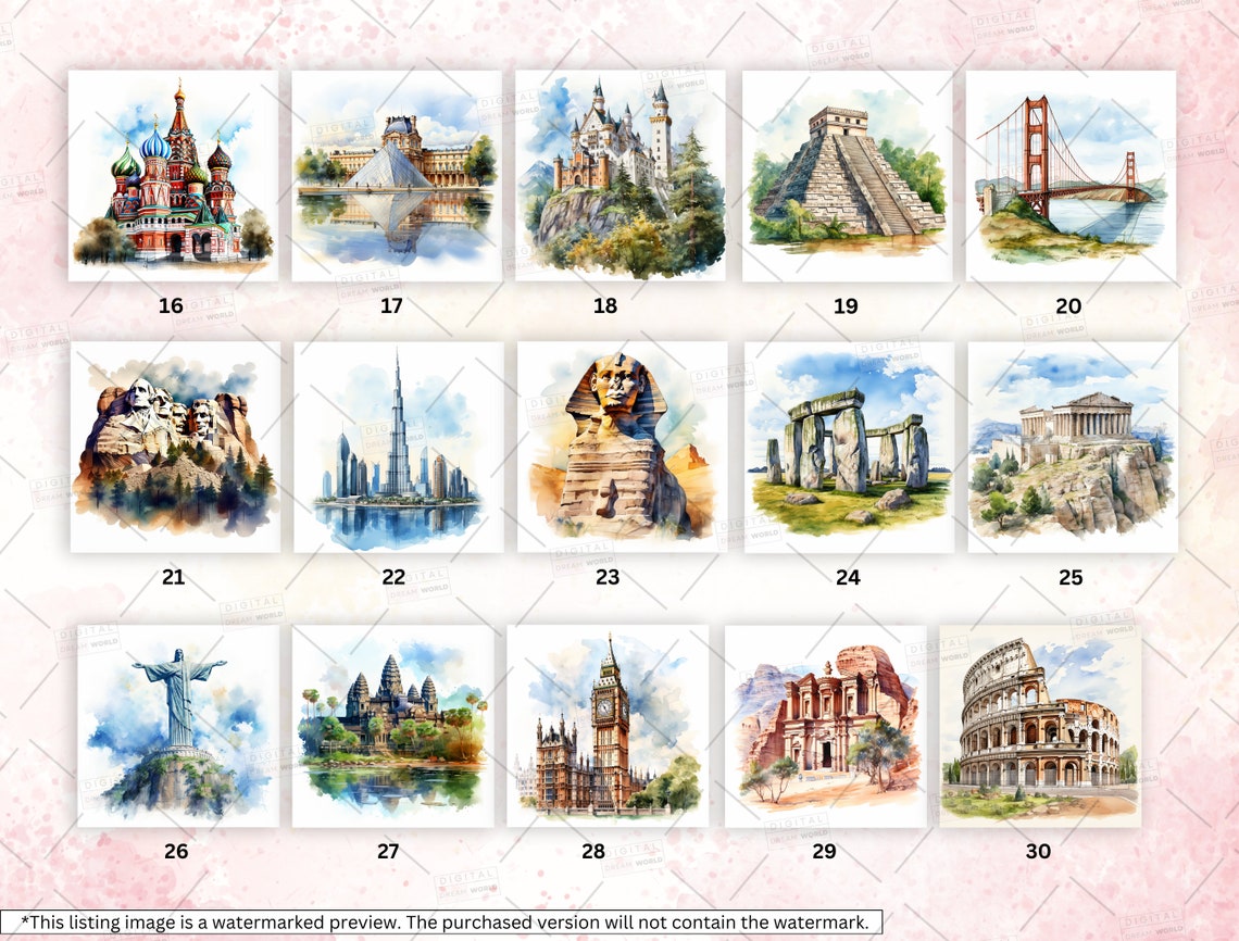 Watercolor World Landmarks Clipart, Travel Illustrations (40 PNG) - Etsy